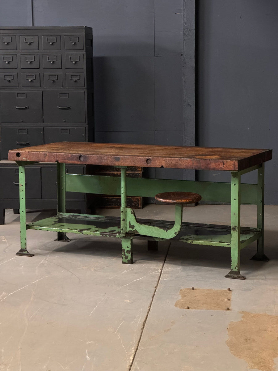 LARGE Industrial Workbench Table With Swing Arm Seat, Industrial Desk ...