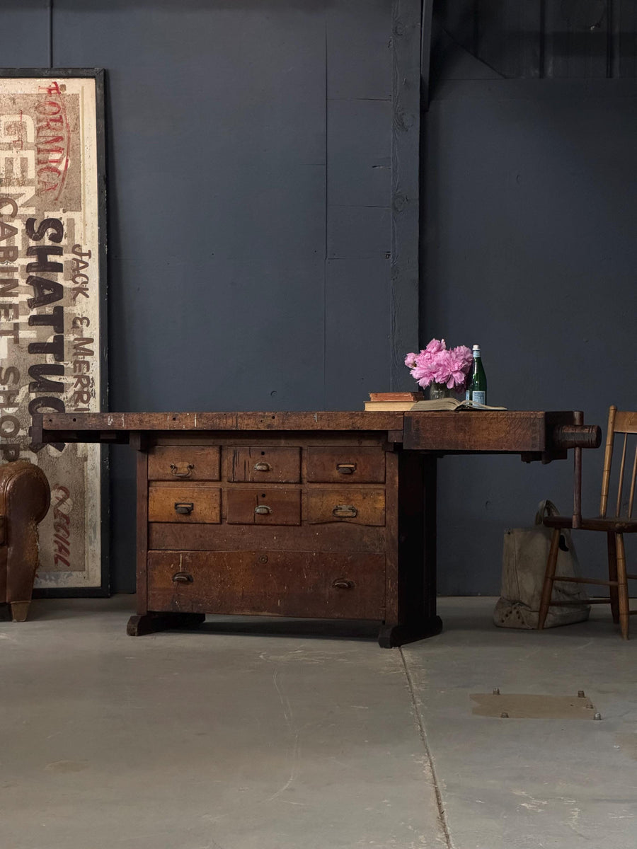 LARGE Antique Workbench Table With Drawers, Wood Working Bench With Vi ...